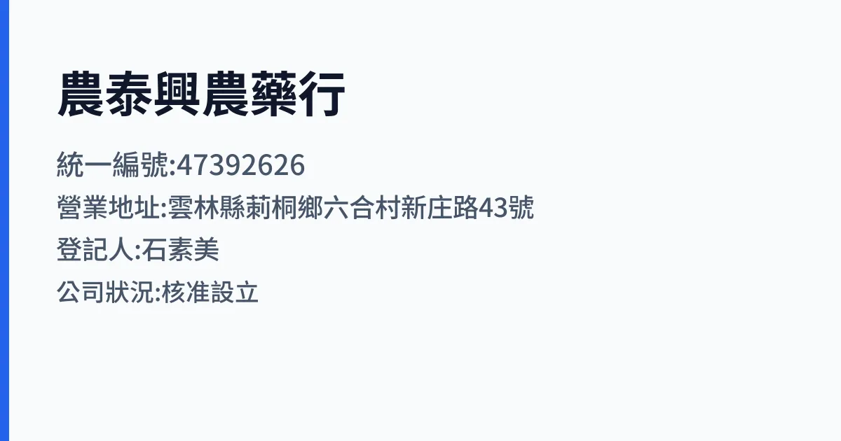 農泰興農藥行 - 統編 47392626(雲林縣) 公司登記資料與營業項目詳細圖表