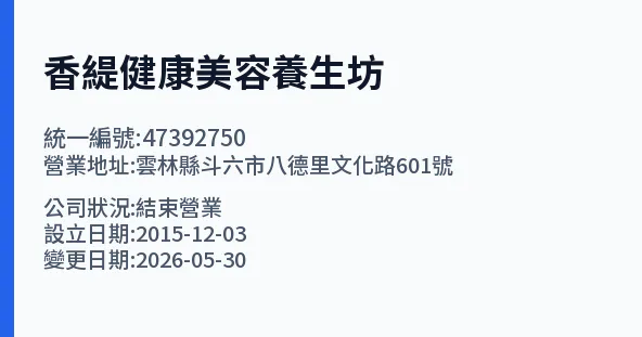 香緹健康美容養生坊的照片-統編 47392750(雲林縣) 公司登記資料與營業項目詳細圖表