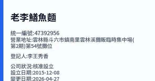 老李鱔魚麵的照片-統編 47392956(雲林縣) 公司登記資料與營業項目詳細圖表