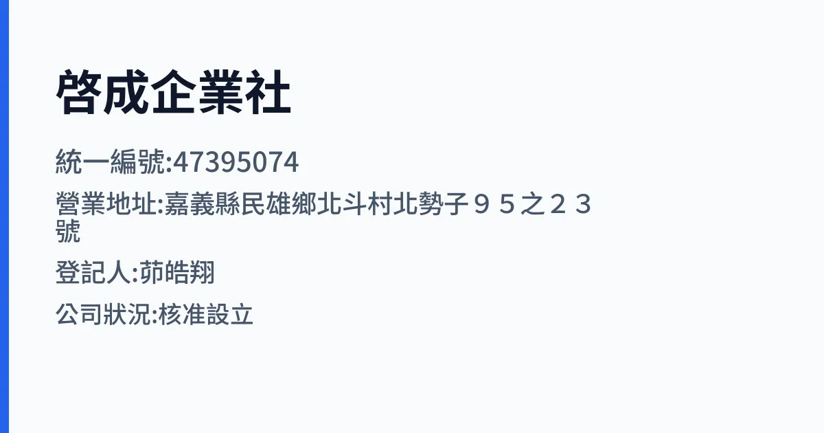 啓成企業社 - 統編 47395074(嘉義縣) 公司登記資料與營業項目詳細圖表