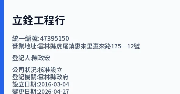 立銓工程行的照片-統編 47395150(雲林縣) 公司登記資料與營業項目詳細圖表