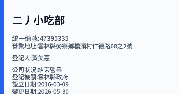 二丿小吃部的照片-統編 47395335(雲林縣) 公司登記資料與營業項目詳細圖表