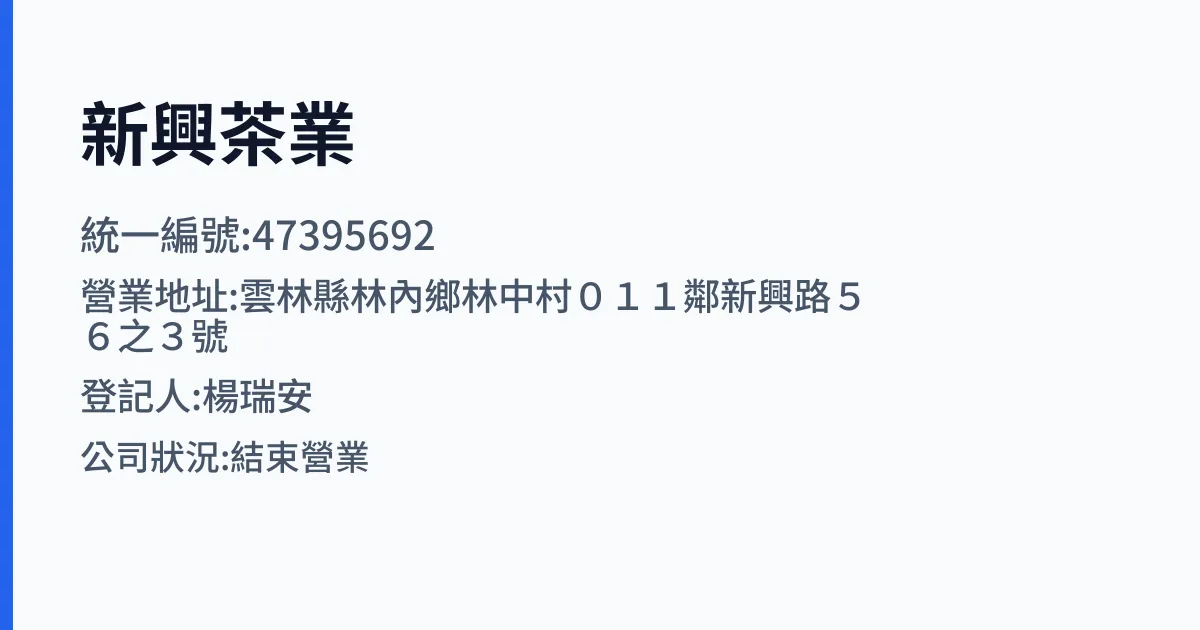 新興茶業 - 統編 47395692(雲林縣) 公司登記資料與營業項目詳細圖表