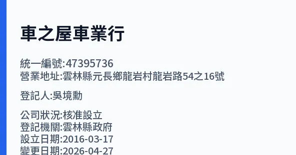 車之屋車業行的照片-統編 47395736(雲林縣) 公司登記資料與營業項目詳細圖表