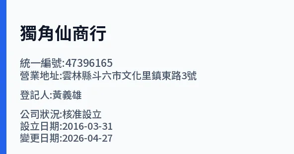 獨角仙商行的照片-統編 47396165(雲林縣) 公司登記資料與營業項目詳細圖表