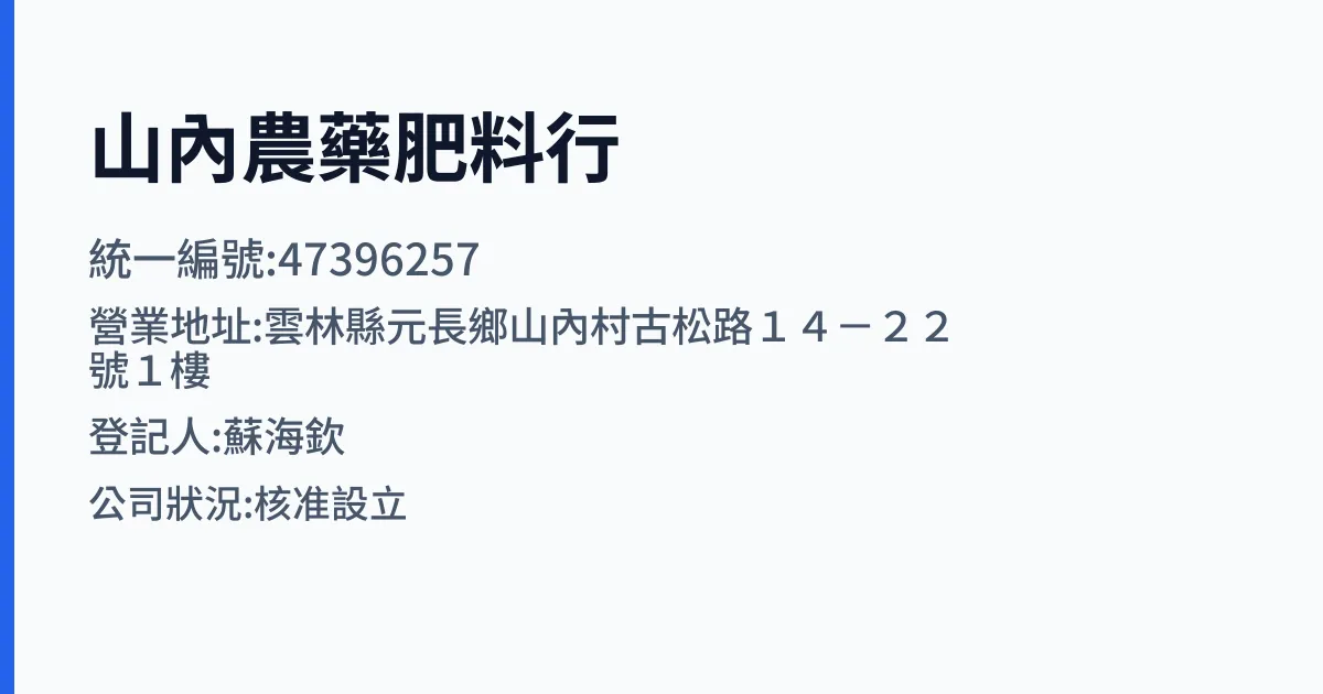 山內農藥肥料行 - 統編 47396257(雲林縣) 公司登記資料與營業項目詳細圖表