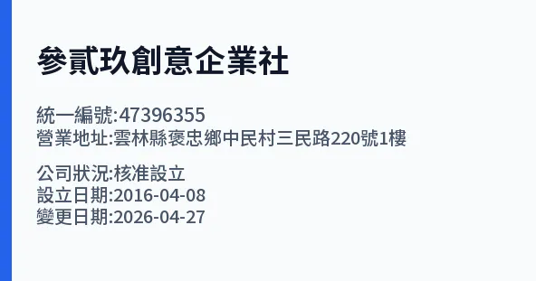 參貳玖創意企業社的照片-統編 47396355(雲林縣) 公司登記資料與營業項目詳細圖表