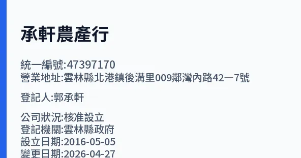 承軒農產行的照片-統編 47397170(雲林縣) 公司登記資料與營業項目詳細圖表