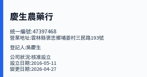 慶生農藥行的照片-統編 47397468(雲林縣) 公司登記資料與營業項目詳細圖表