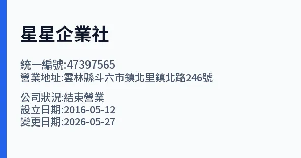 星星企業社的照片-統編 47397565(雲林縣) 公司登記資料與營業項目詳細圖表