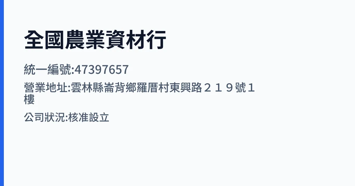 全國農業資材行 - 統編 47397657(雲林縣) 公司登記資料與營業項目詳細圖表
