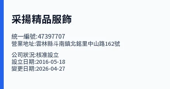 采揚精品服飾的照片-統編 47397707(雲林縣) 公司登記資料與營業項目詳細圖表
