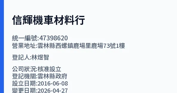 信輝機車材料行的照片-統編 47398620(雲林縣) 公司登記資料與營業項目詳細圖表