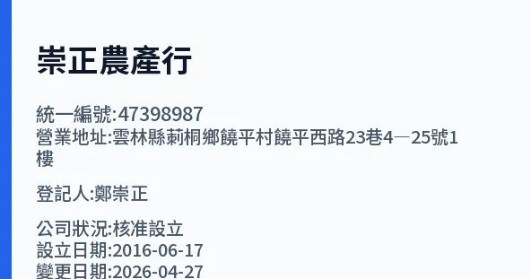 崇正農產行的照片-統編 47398987(雲林縣) 公司登記資料與營業項目詳細圖表