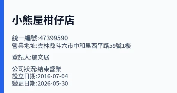 小熊屋柑仔店的照片-統編 47399590(雲林縣) 公司登記資料與營業項目詳細圖表