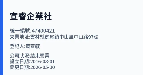 宣睿企業社的照片-統編 47400421(雲林縣) 公司登記資料與營業項目詳細圖表