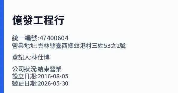 億發工程行的照片-統編 47400604(雲林縣) 公司登記資料與營業項目詳細圖表