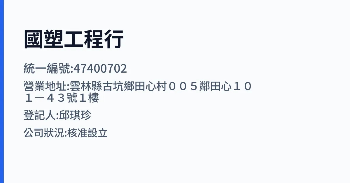 國塑工程行 - 統編 47400702(雲林縣) 公司登記資料與營業項目詳細圖表