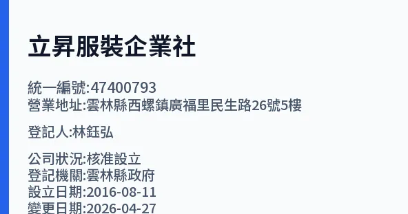 立昇服裝企業社的照片-統編 47400793(雲林縣) 公司登記資料與營業項目詳細圖表