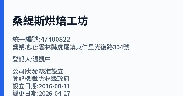 桑緹斯烘焙工坊的照片-統編 47400822(雲林縣) 公司登記資料與營業項目詳細圖表