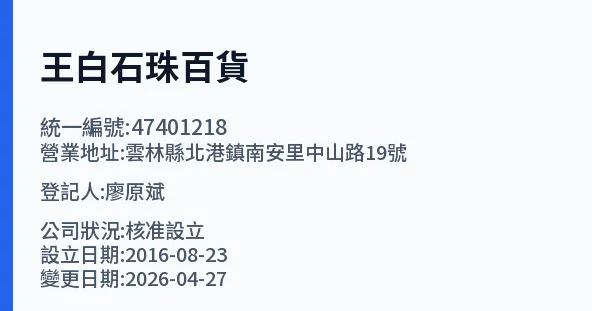 王白石珠百貨的照片-統編 47401218(雲林縣) 公司登記資料與營業項目詳細圖表