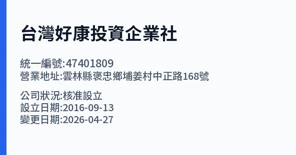 台灣好康投資企業社的照片-統編 47401809(雲林縣) 公司登記資料與營業項目詳細圖表