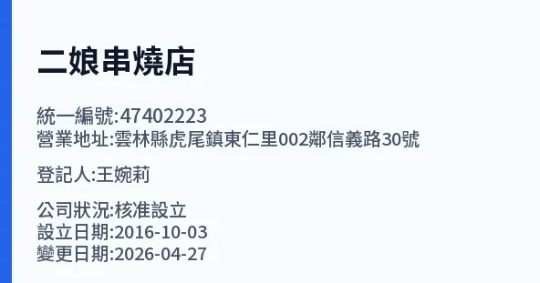 二娘串燒店的照片-統編 47402223(雲林縣) 公司登記資料與營業項目詳細圖表