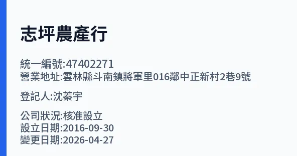 志坪農產行的照片-統編 47402271(雲林縣) 公司登記資料與營業項目詳細圖表