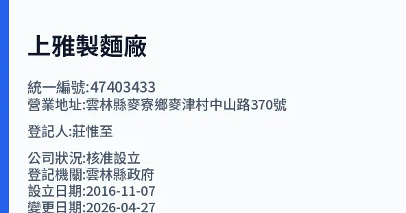 上雅製麵廠的照片-統編 47403433(雲林縣) 公司登記資料與營業項目詳細圖表
