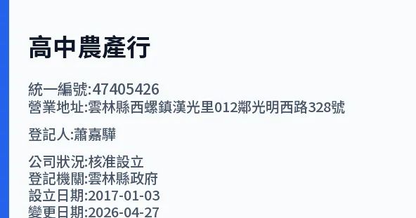 高中農產行的照片-統編 47405426(雲林縣) 公司登記資料與營業項目詳細圖表