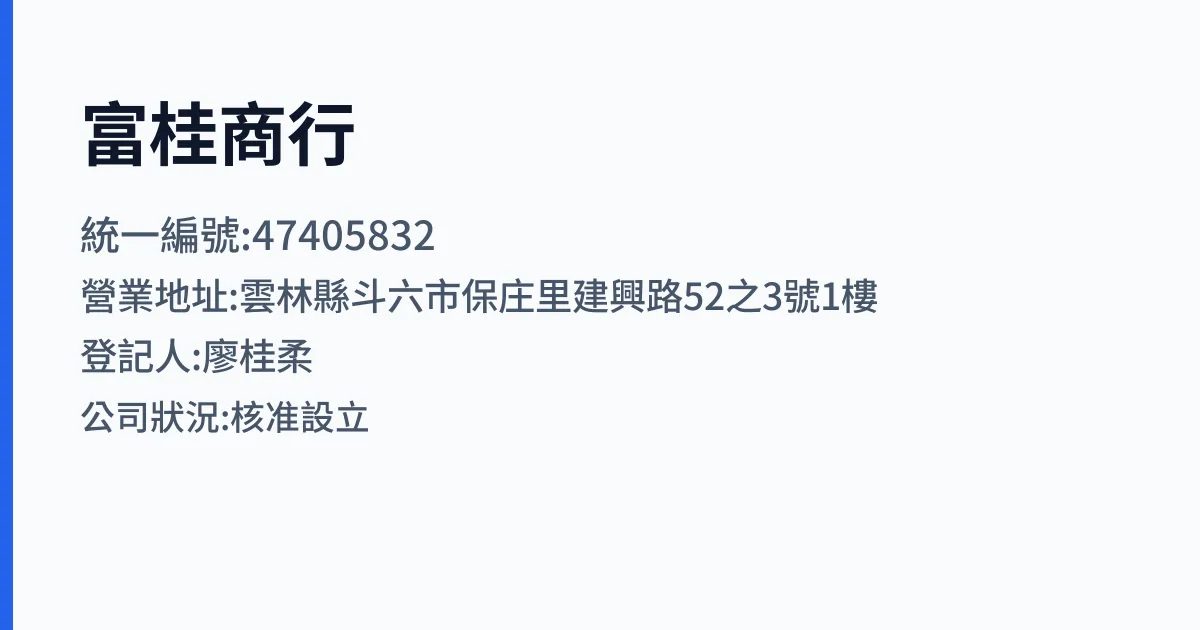 富桂商行 - 統編 47405832(雲林縣) 公司登記資料與營業項目詳細圖表