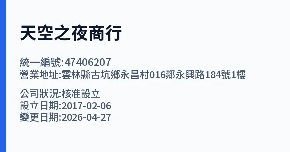 天空之夜商行的照片-統編 47406207(雲林縣) 公司登記資料與營業項目詳細圖表