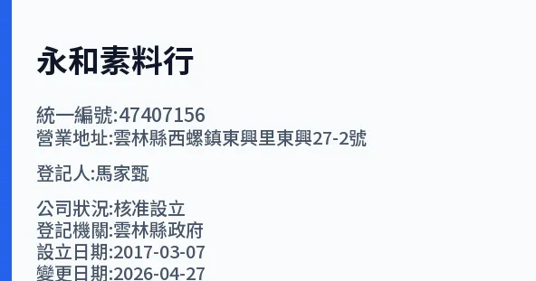 永和素料行的照片-統編 47407156(雲林縣) 公司登記資料與營業項目詳細圖表