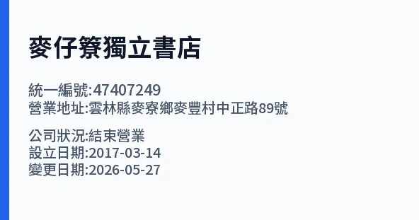 麥仔簝獨立書店的照片-統編 47407249(雲林縣) 公司登記資料與營業項目詳細圖表