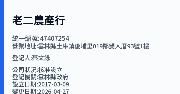 老二農產行的照片-統編 47407254(雲林縣) 公司登記資料與營業項目詳細圖表