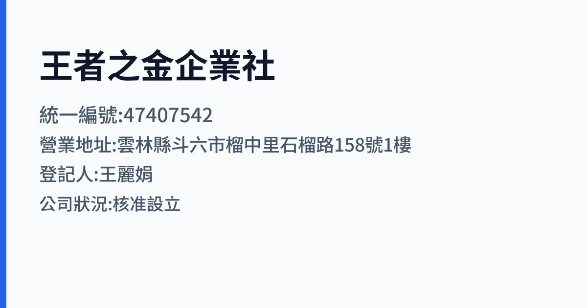 王者之金企業社 - 統編 47407542(雲林縣) 公司登記資料與營業項目詳細圖表