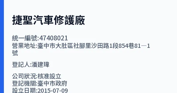 捷聖汽車修護廠的照片-統編 47408021(臺中市) 公司登記資料與營業項目詳細圖表