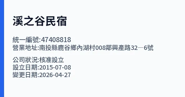 溪之谷民宿的照片-統編 47408818(南投縣) 公司登記資料與營業項目詳細圖表