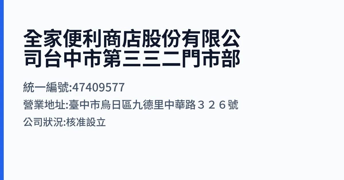 全家便利商店股份有限公司台中市第三三二門市部 - 統編 47409577(臺中市) 公司登記資料與營業項目詳細圖表