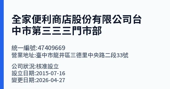 全家便利商店股份有限公司台中市第三三三門市部的照片-統編 47409669(臺中市) 公司登記資料與營業項目詳細圖表
