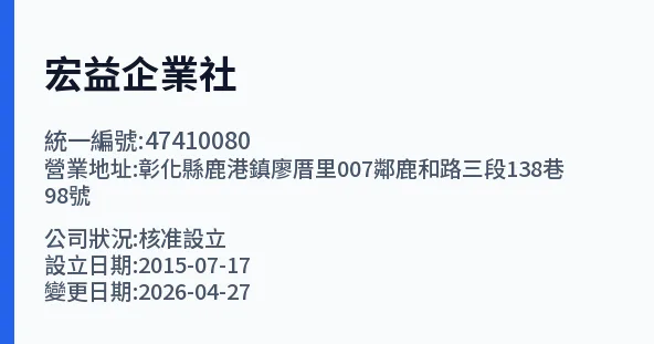 宏益企業社的照片-統編 47410080(彰化縣) 公司登記資料與營業項目詳細圖表