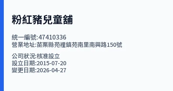 粉紅豬兒童舖的照片-統編 47410336(苗栗縣) 公司登記資料與營業項目詳細圖表