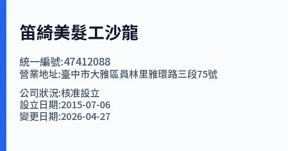 笛綺美髮工沙龍的照片-統編 47412088(臺中市) 公司登記資料與營業項目詳細圖表