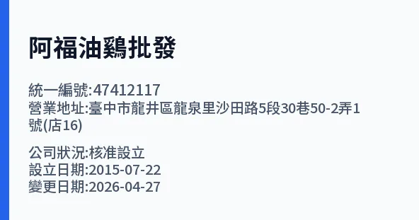 阿福油鷄批發的照片-統編 47412117(臺中市) 公司登記資料與營業項目詳細圖表