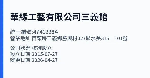 華緣工藝有限公司三義館的照片-統編 47412284(苗栗縣) 公司登記資料與營業項目詳細圖表