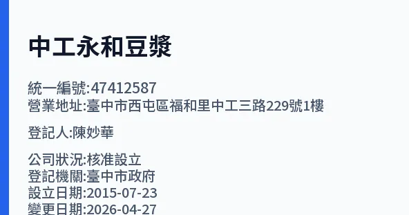 中工永和豆漿的照片-統編 47412587(臺中市) 公司登記資料與營業項目詳細圖表