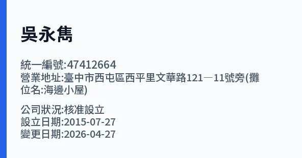 吳永雋的照片-統編 47412664(臺中市) 公司登記資料與營業項目詳細圖表
