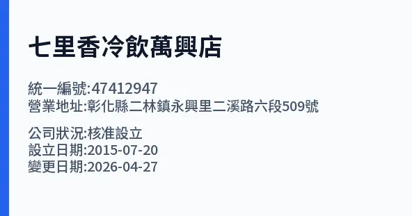 七里香冷飲萬興店的照片-統編 47412947(彰化縣) 公司登記資料與營業項目詳細圖表