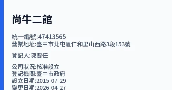 尚牛二館的照片-統編 47413565(臺中市) 公司登記資料與營業項目詳細圖表