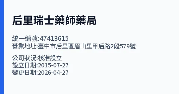 后里瑞士藥師藥局的照片-統編 47413615(臺中市) 公司登記資料與營業項目詳細圖表